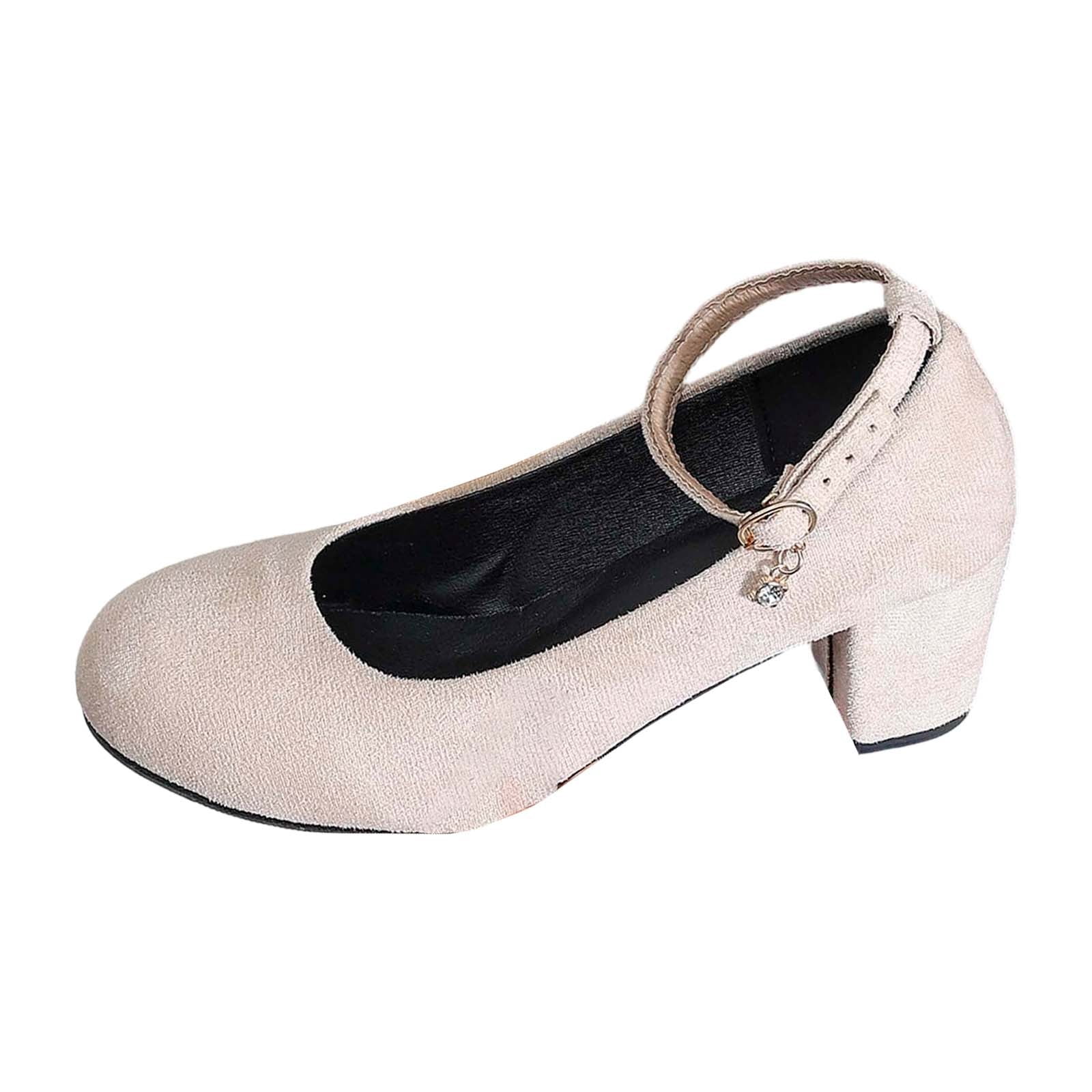 Beige High Heels for Women Round Toe Mary Jane Heels Adjustable Strap ...