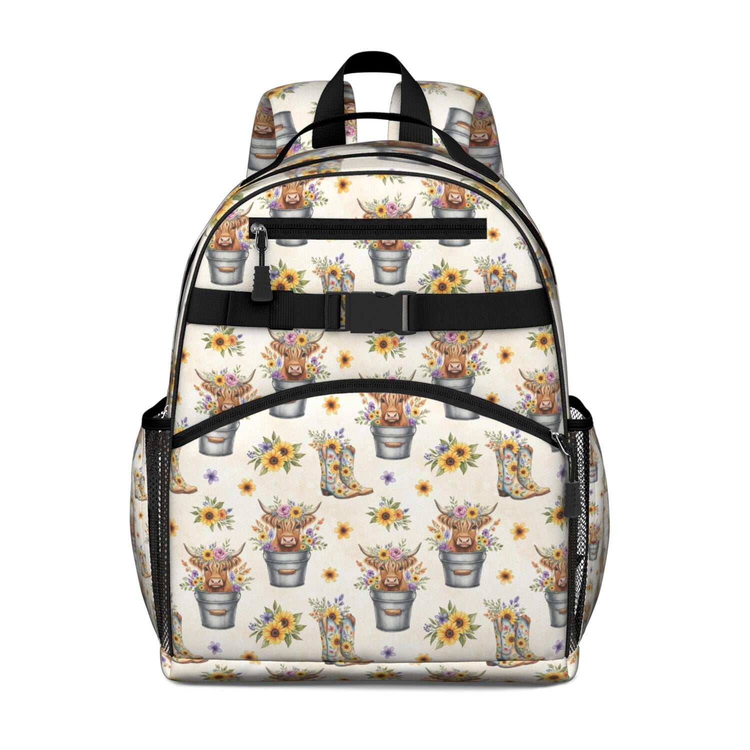 Beige Highland Cow Bucket Boot Flower Pattern Backpack for School,Cute ...