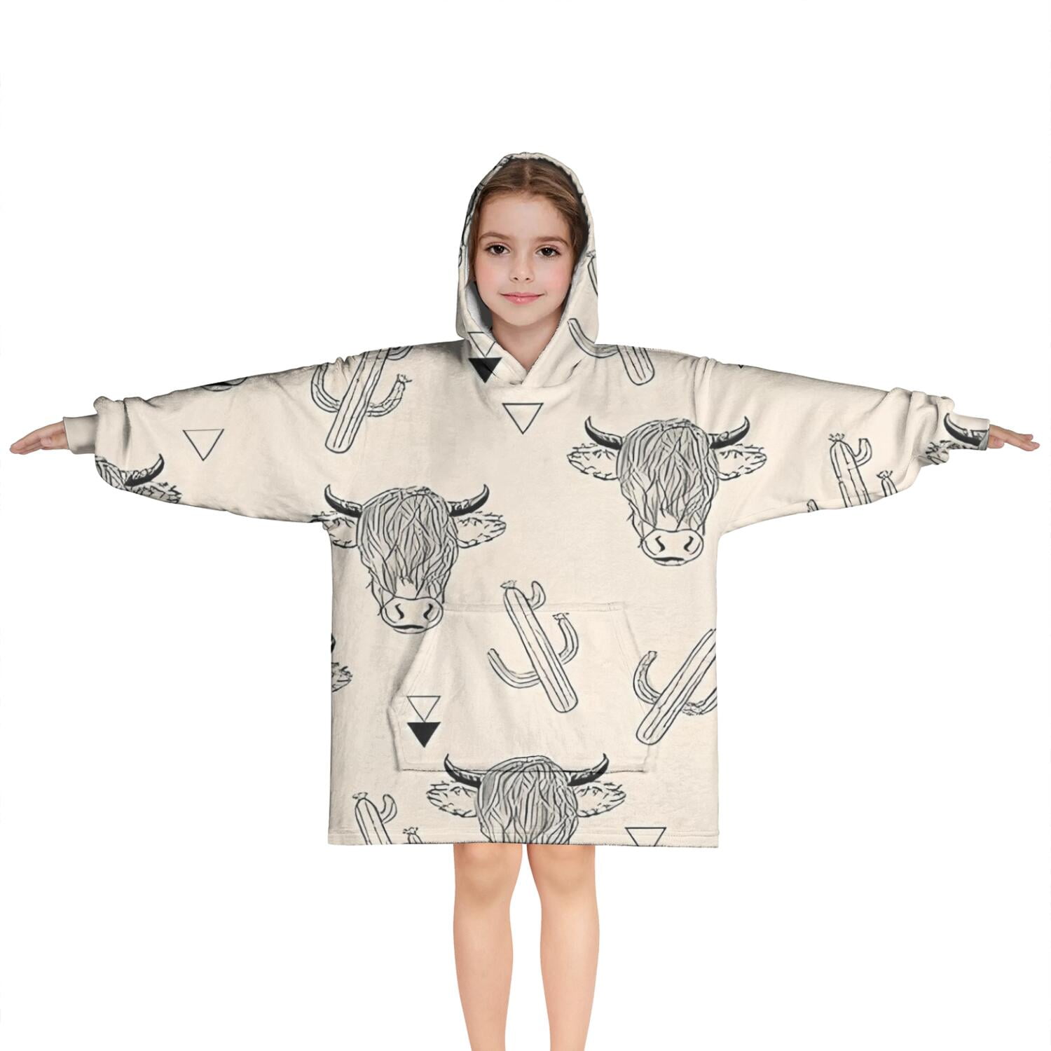 Beige Highland Cow Cactus Triangle Pattern Blanket Hoodies for Kids 6 ...