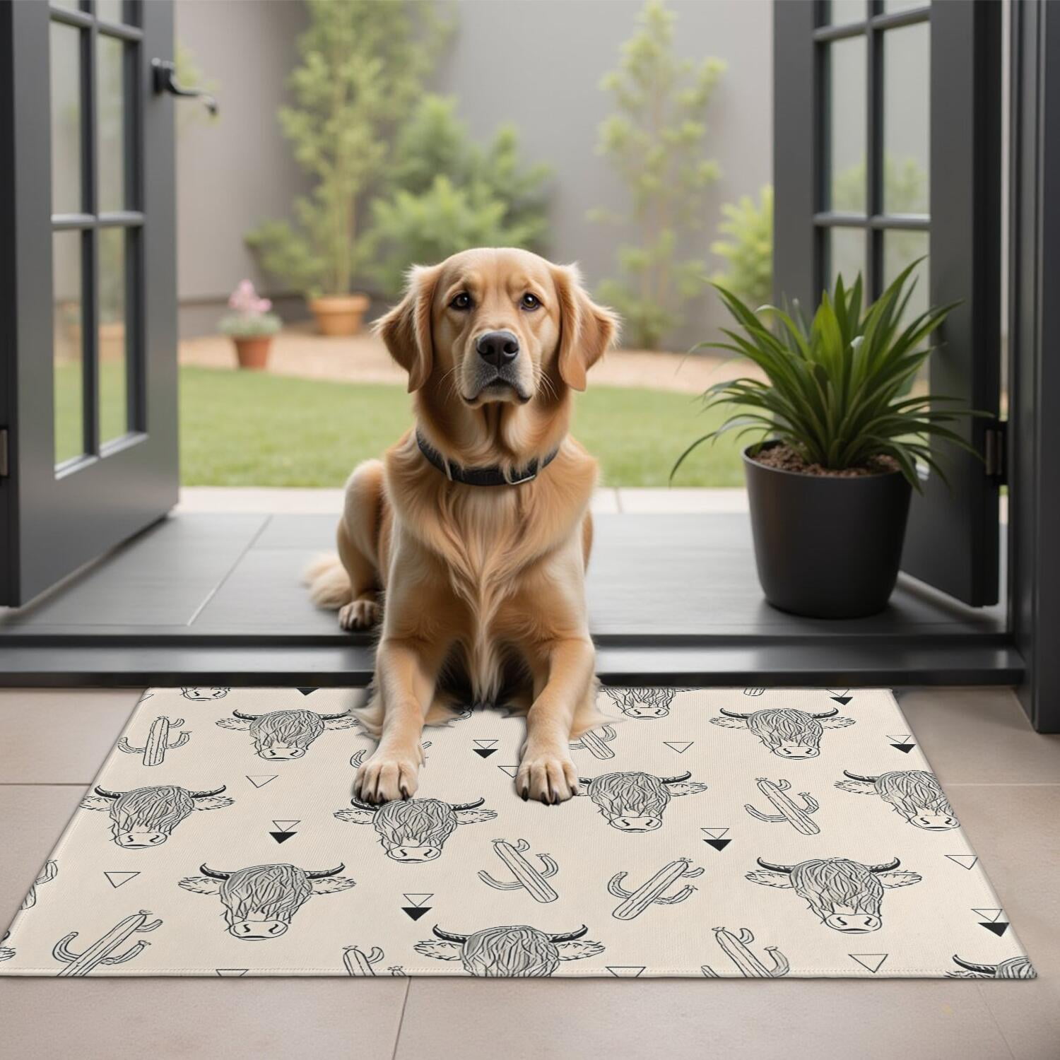 Beige Highland Cow Cactus Triangle Pattern Door Rugs,Washable Non Slip ...