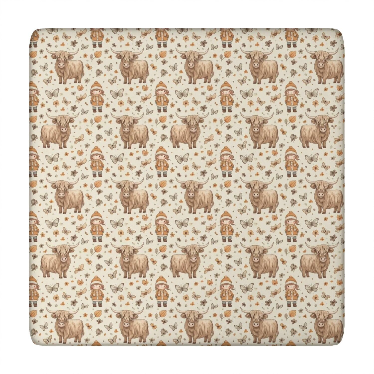 Beige Highland Cow Doll Pattern Square Fitted Tablecloth with Elastic ...