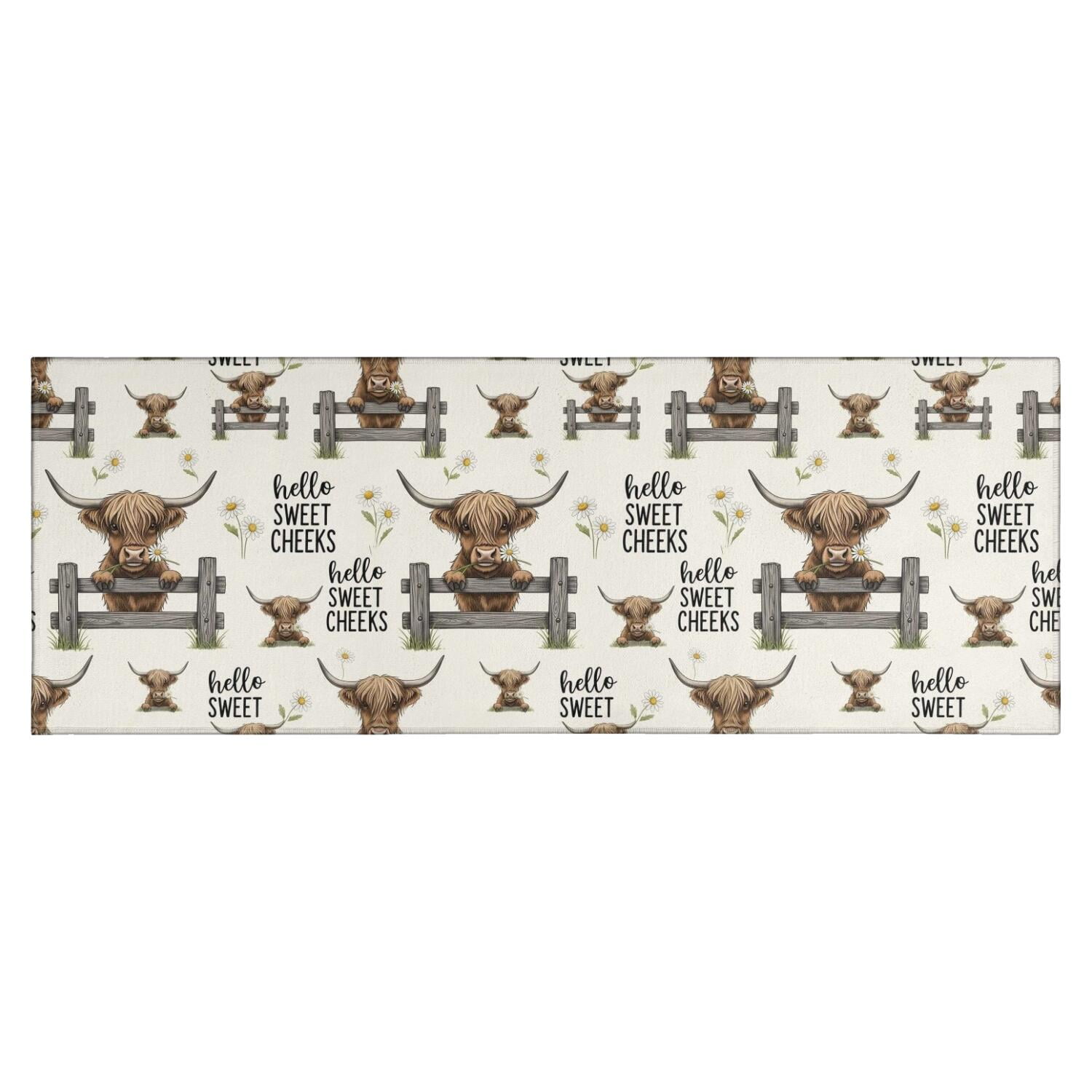 Beige Highland Cow Fence Daisy Pattern Kitchen Rug Mat,Kitchen Runner ...