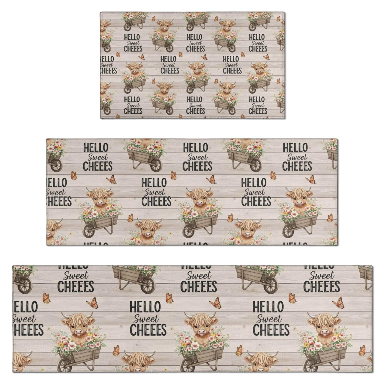 Beige Highland Cow Flower Cart Pattern Kitchen Rugs Sets Of 3,Kitchen ...