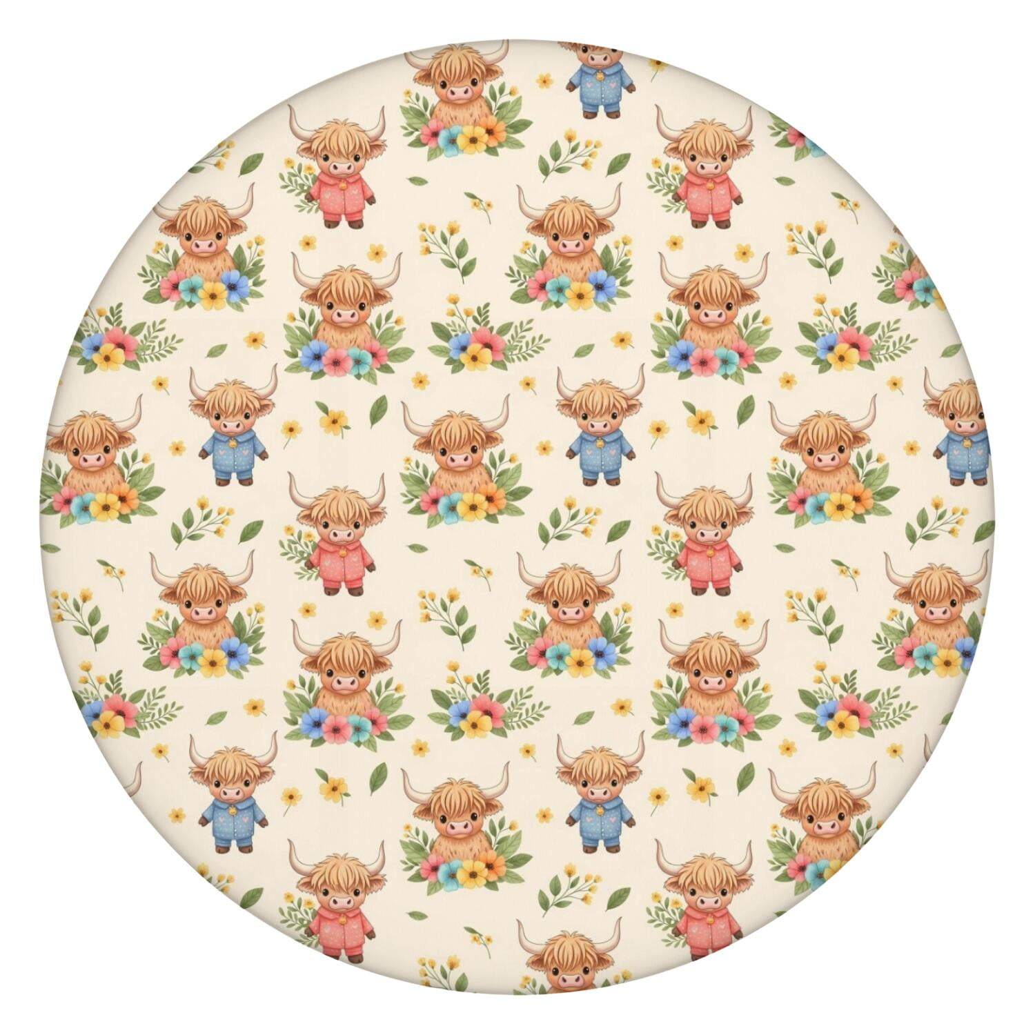 Beige Highland Cow Flower Cartoon Pattern Round Fitted Tablecloth with ...