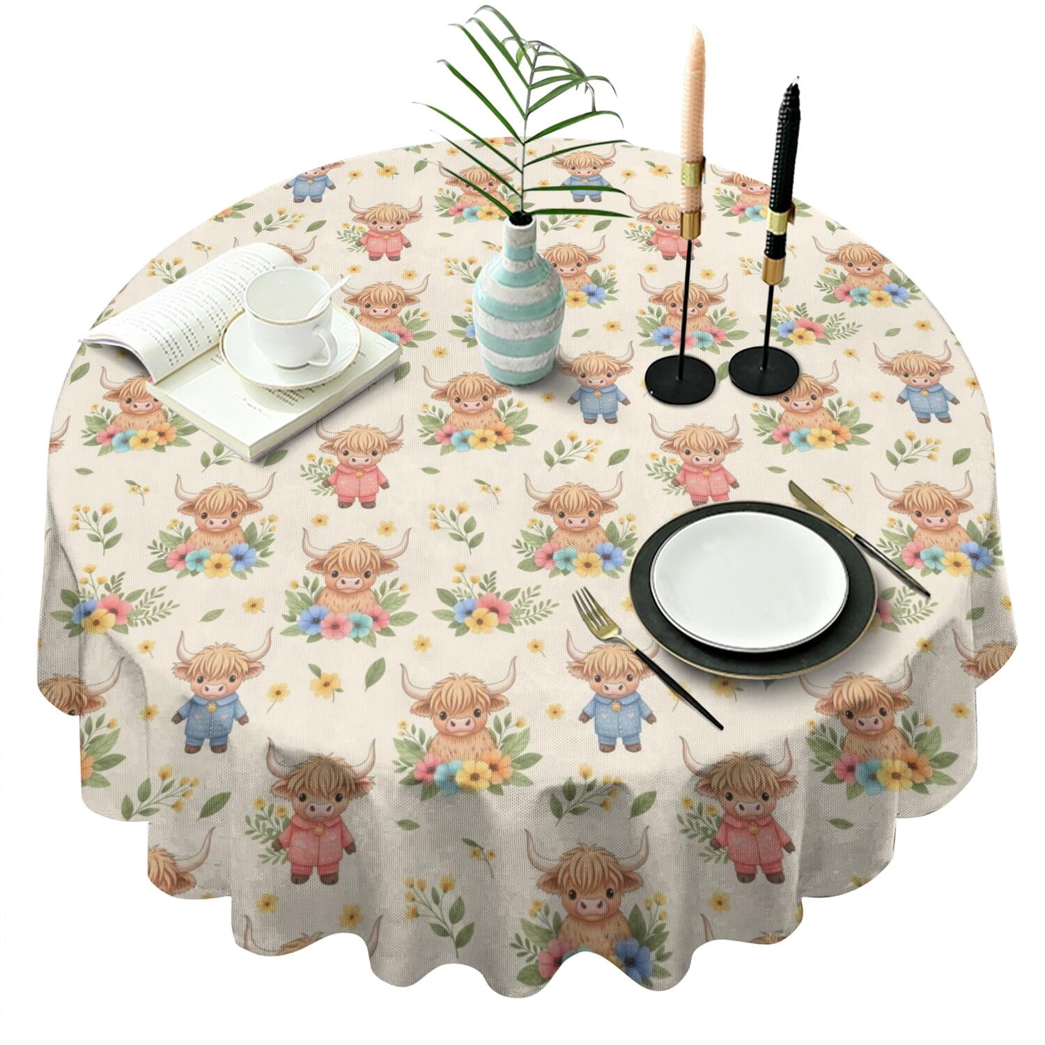 Beige Highland Cow Flower Cartoon Pattern Round Tablecloth 60"x60 ...