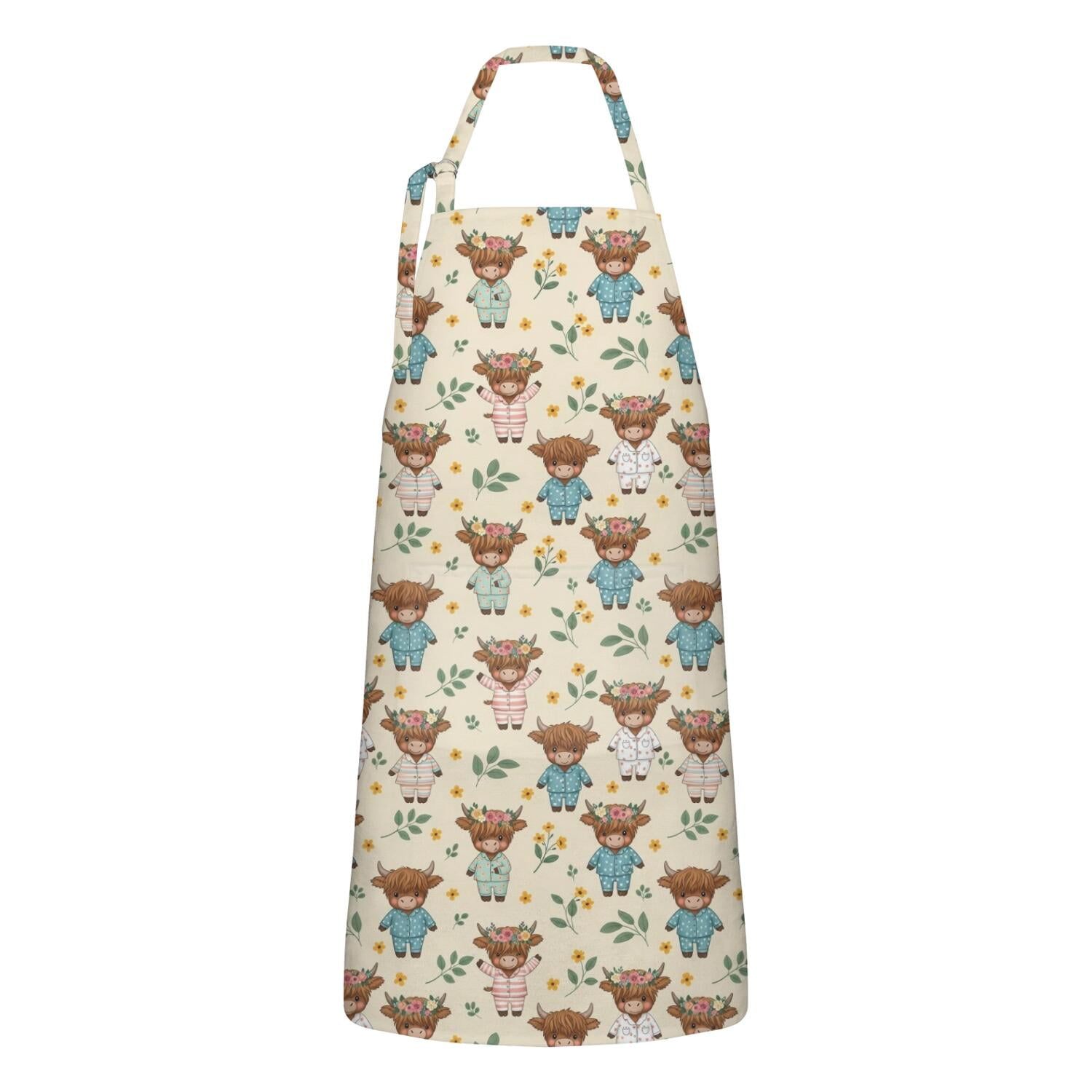 Beige Highland Cow Flower Pajama Pattern Apron-Garden Aprons for Women ...