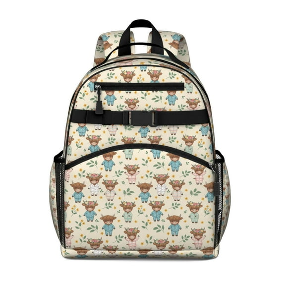Beige Highland Cow Flower Pajama Pattern Backpack for School,Cute ...