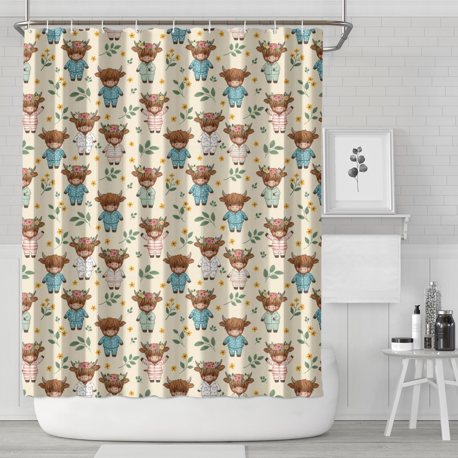 Beige Highland Cow Flower Pajama Pattern Shower Curtain 72"x84 ...