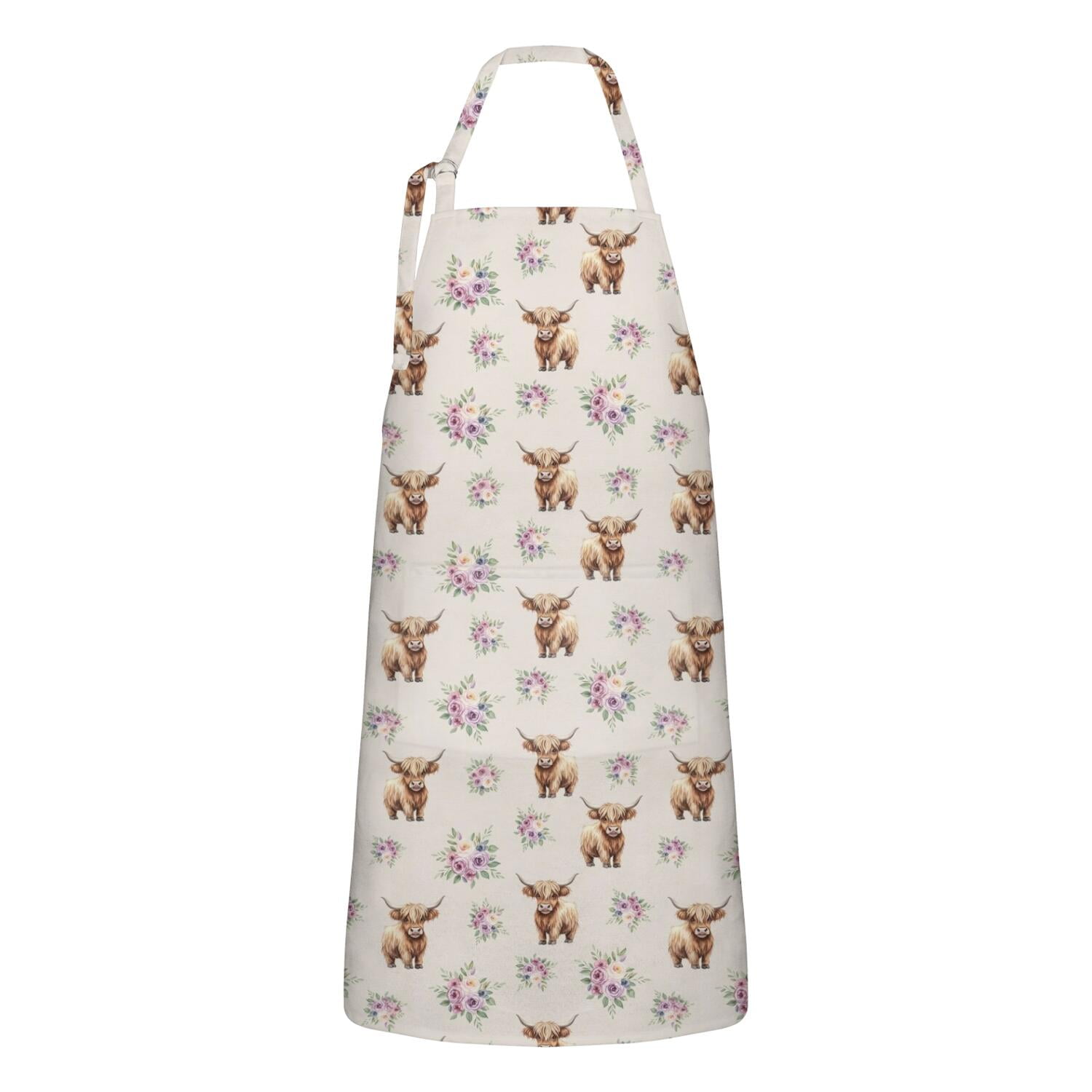 Beige Highland Cow Flower Pattern Apron-Garden Aprons for Women with ...
