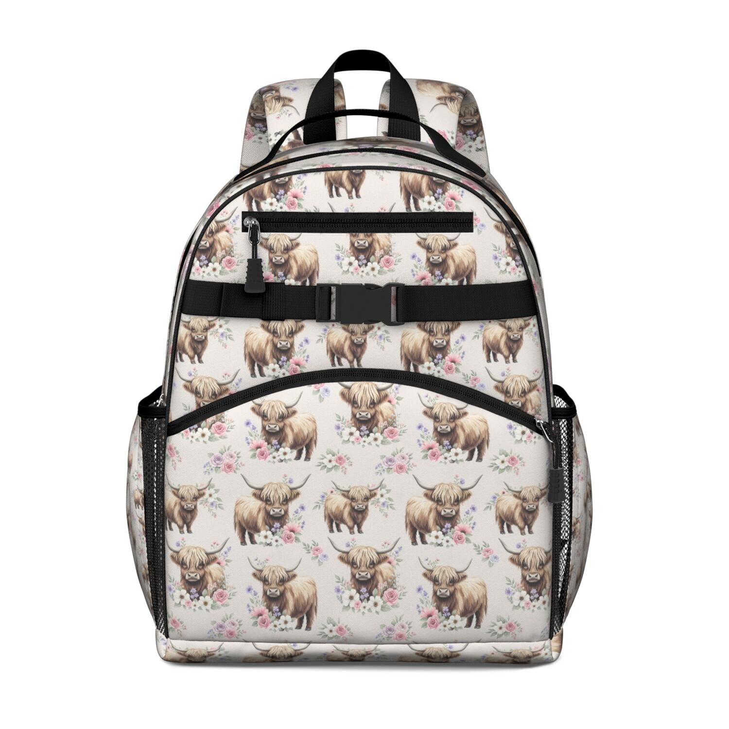 Beige Highland Cow Flower Pattern Backpack for School,Cute School Bag ...