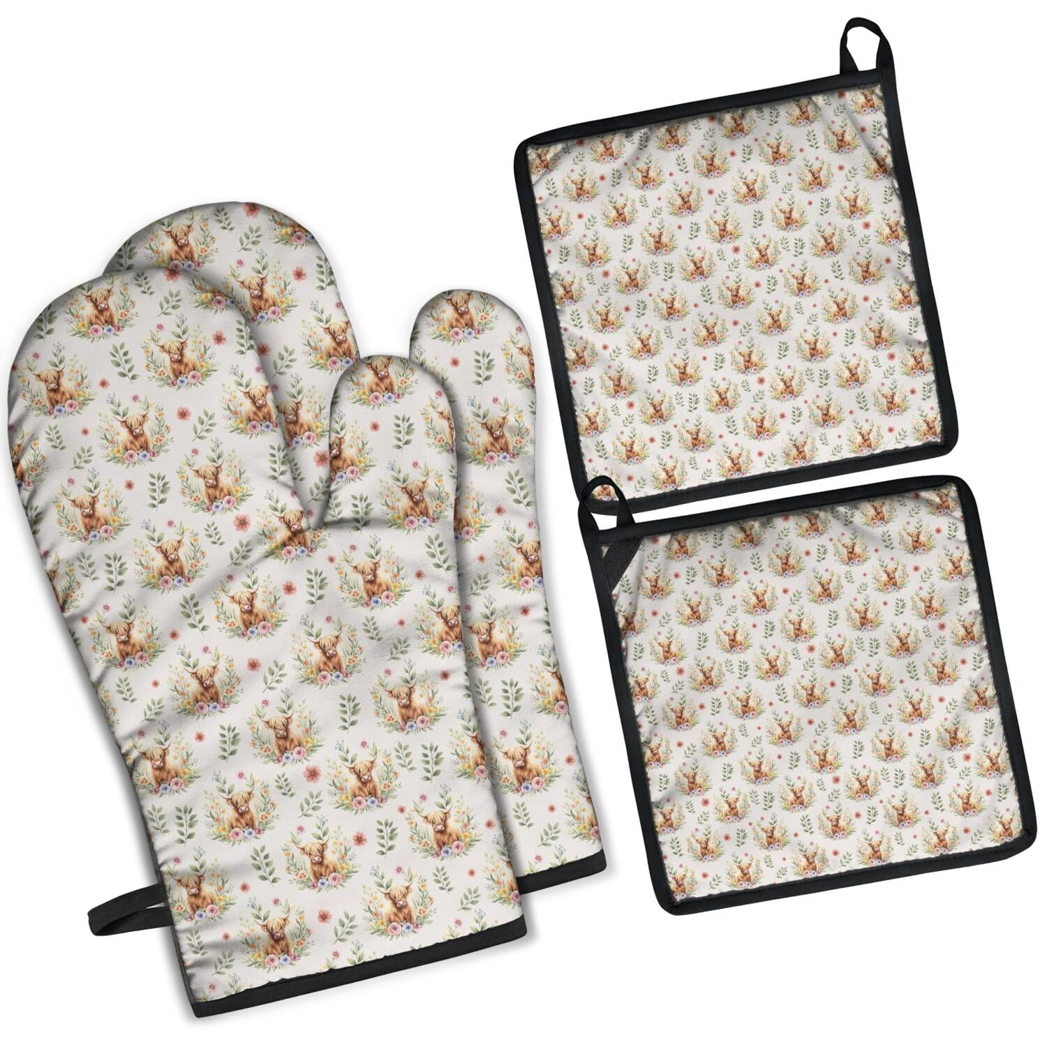 Beige Highland Cow Flower Pattern Kitchen Oven Mitt and Pot Holder Sets ...