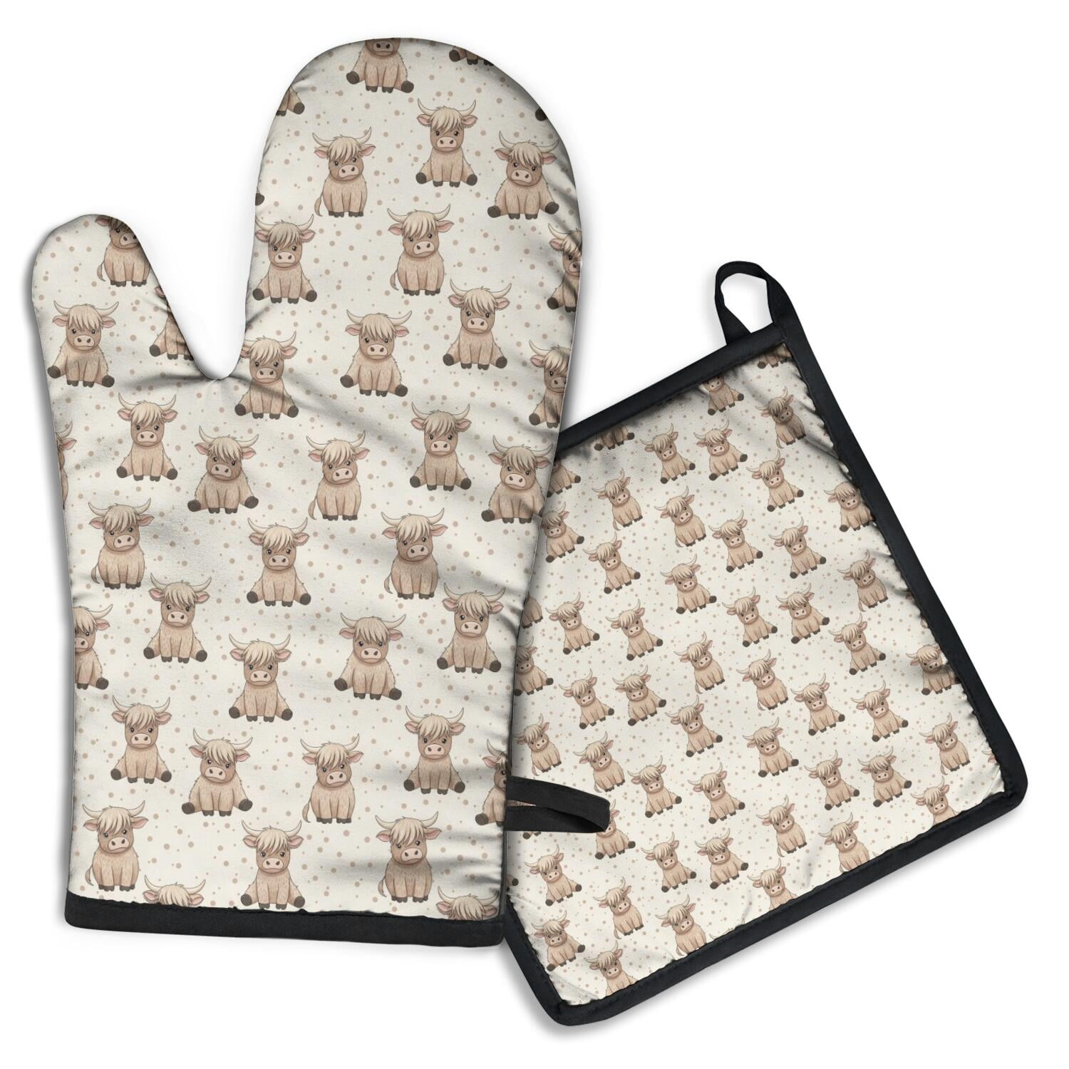 Beige Highland Cow Pattern Kitchen Oven Mitt and Pot Holder Sets 2 Pcs ...