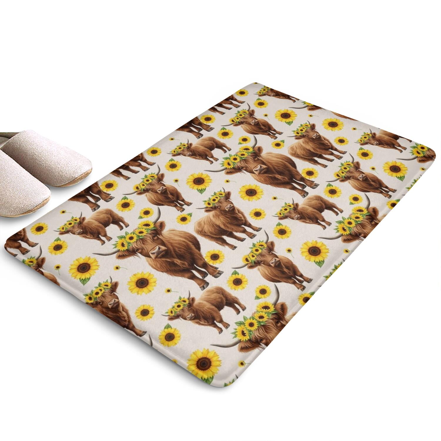 Beige Highland Cow Sunflower Flannel Non Slip Door Rugs,Washable Door ...