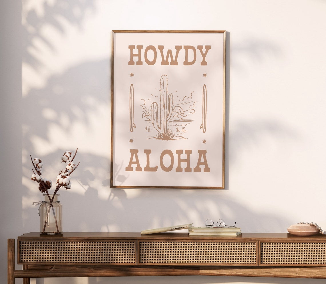 Beige Howdy Print Aloha Coastal Cowgirl Wall Art Surfing Cowgirl ...