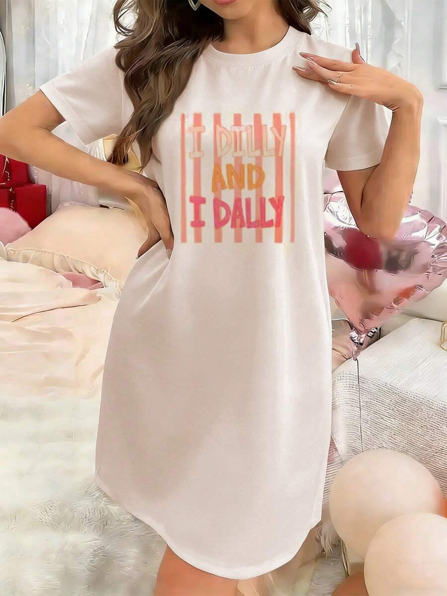 Beige I Dilly And I Dally Print Sleep Dress Loose Fit Crew Neck ...