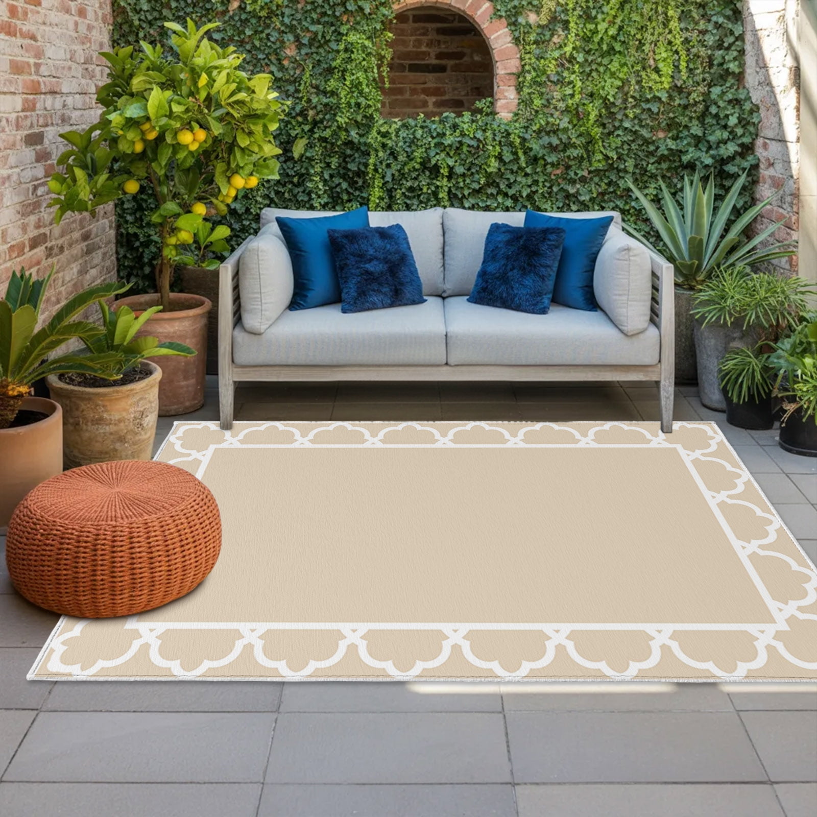 Beige Indoor Outdoor Rugs 6x9 Ft, Geometric Morocco Printed Border ...