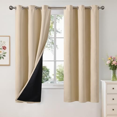 Beige Insulated 100% Blackout Curtains 63 Inches Length for Bedroom ...