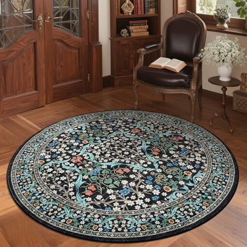 Beige Ivory Floral 4ft Round Rug Washable Non-Slip Soft Low Pile Small ...