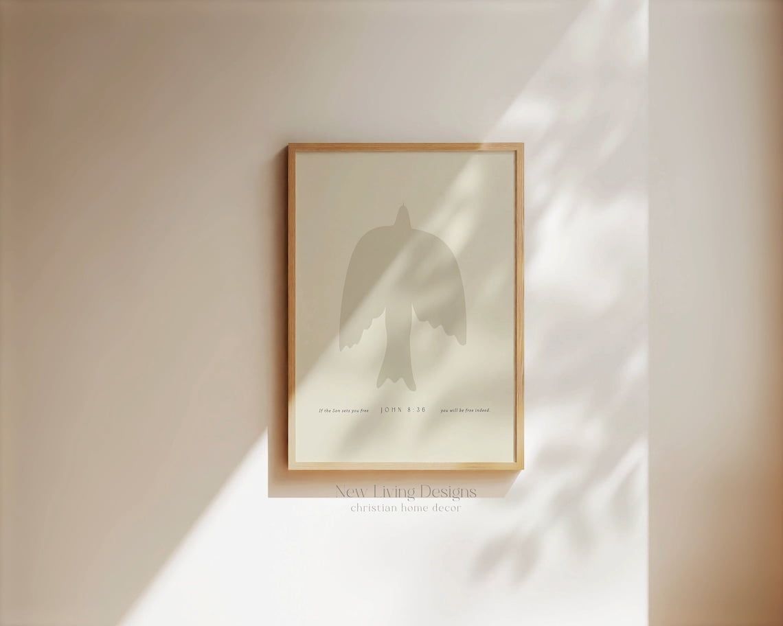 Beige John 8 Free Indeed Modern Illustration Bird Abstract Bible Verse ...