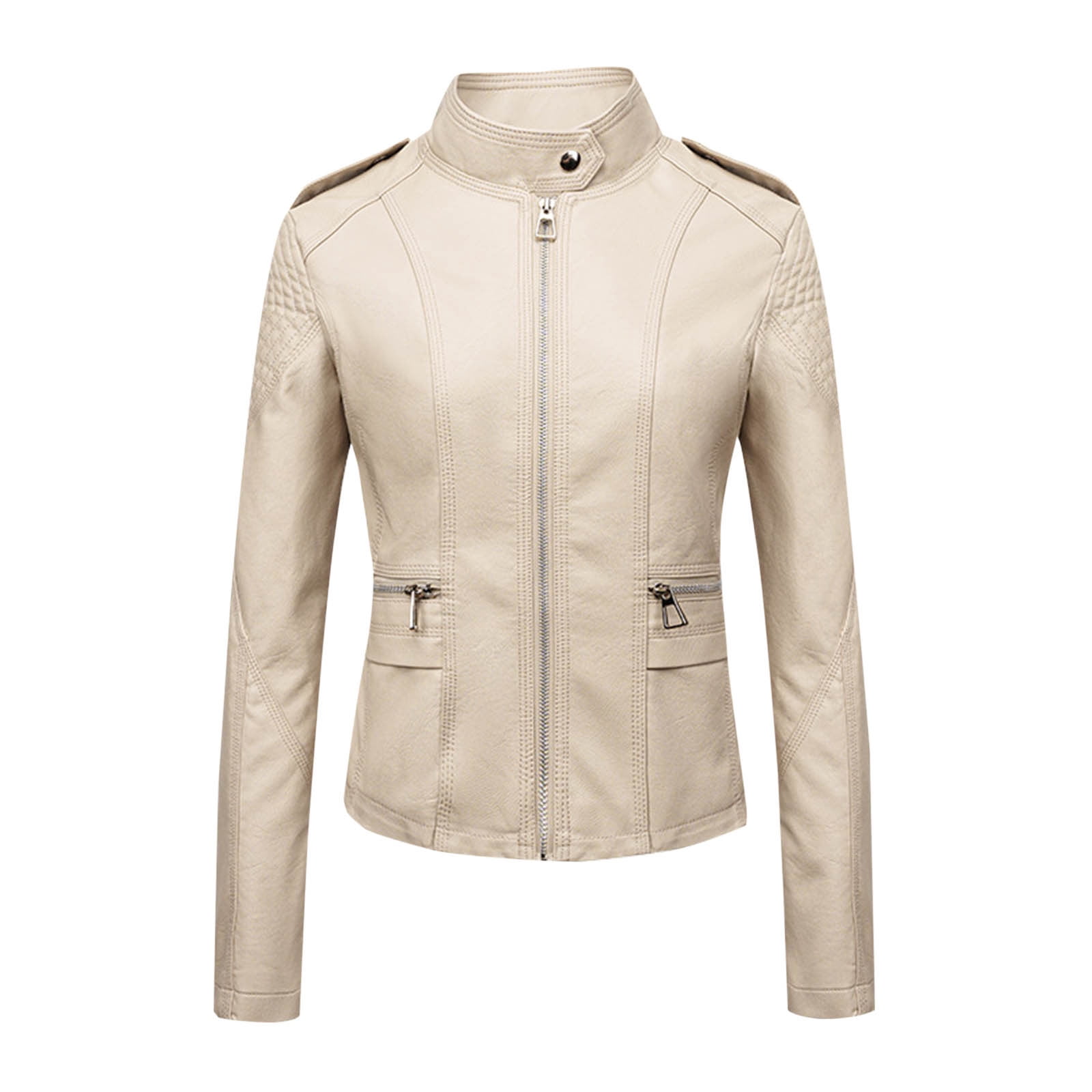 Beige Juniors Long Sleeve Jackets Outfit for Women Collared Neck Faux ...