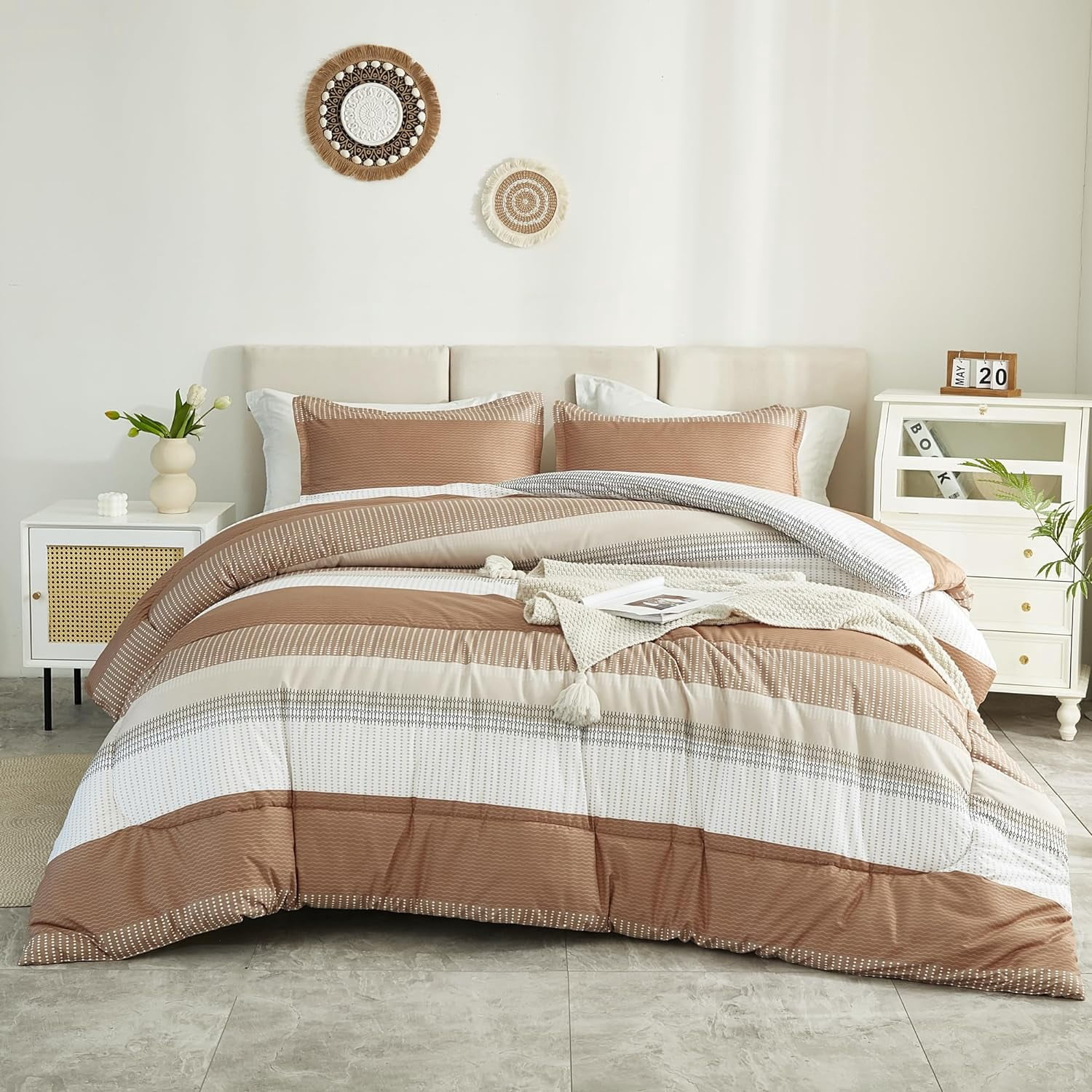 Beige King Size Comforter Set - 3 Pieces Lightweight Taupe Khaki White ...