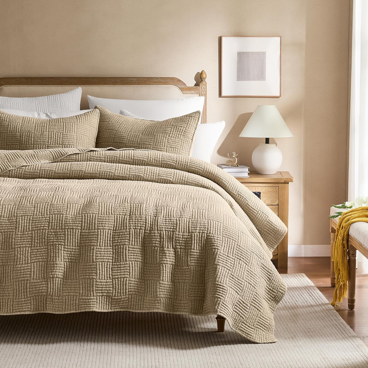 Beige King Size Quilt Set, Muslin Cotton Shell Down-Alt Poly Filling ...