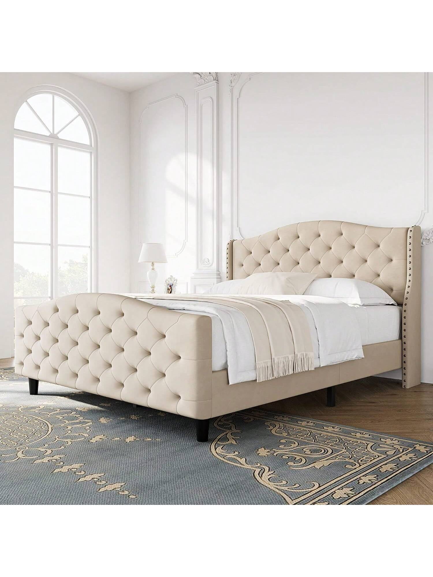 Beige King size bed Tufted Upholstered Platform King Bed Frame With ...