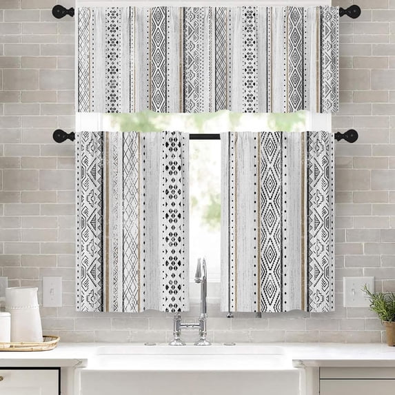 Beige Kitchen Window Curtains Valance and Tier Set 36 Inch, Aztec Boho ...