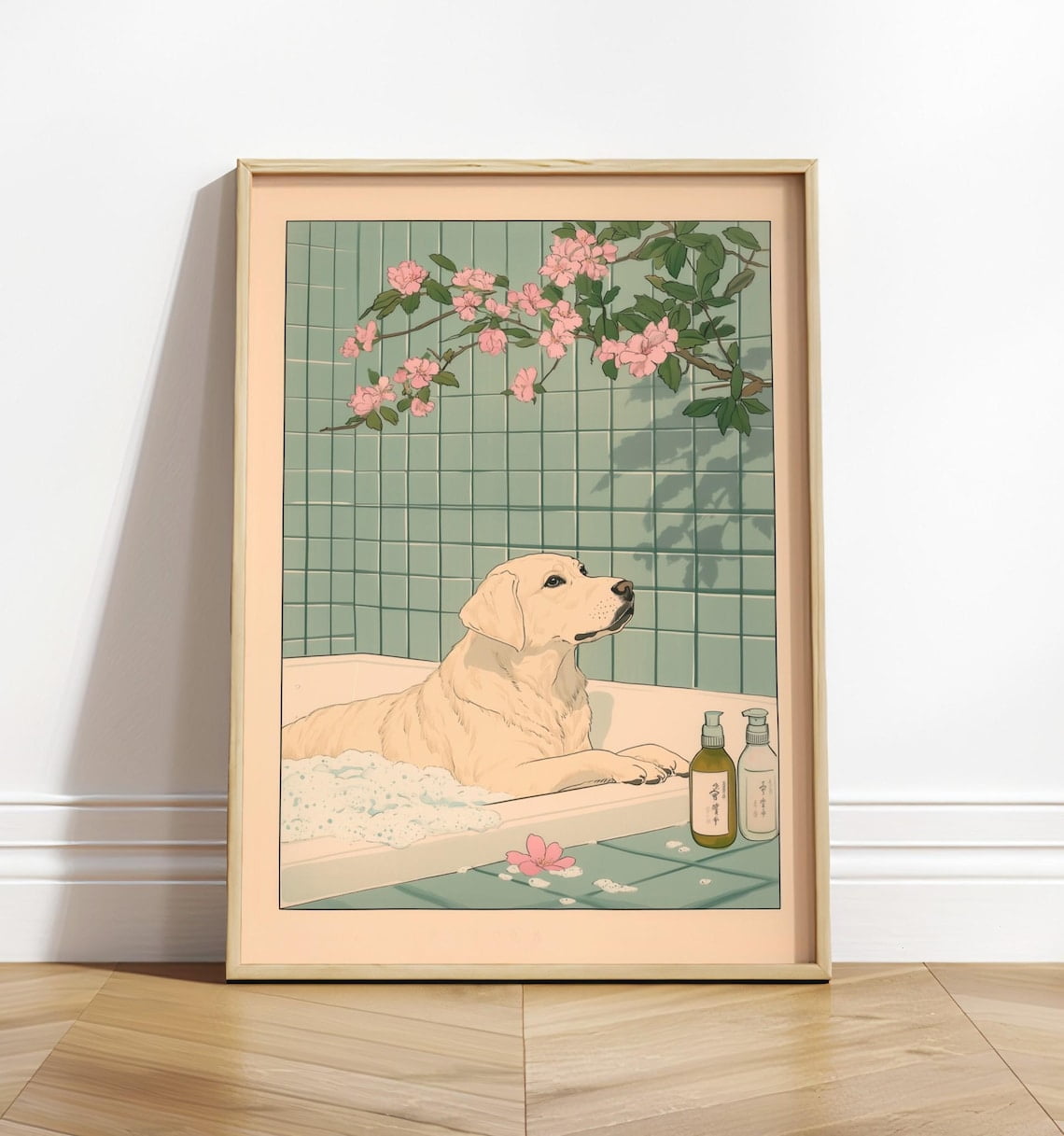 Beige Labrador In A Bathtub, Funny Bathroom Print, Japanese Dog Gift ...