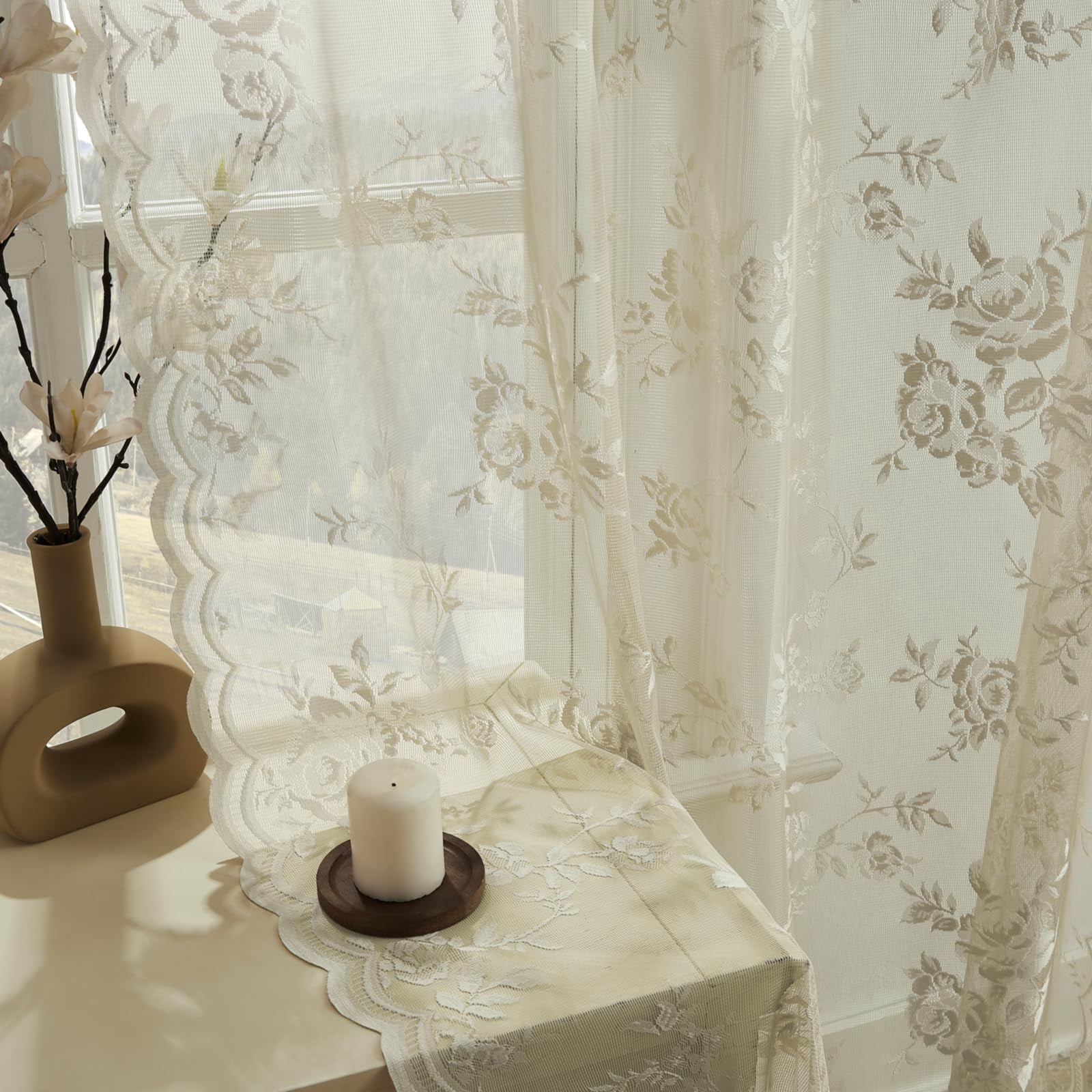 Beige Lace Cafe Curtains 36 Inch Length Rod Pocket Sheer Privacy ...