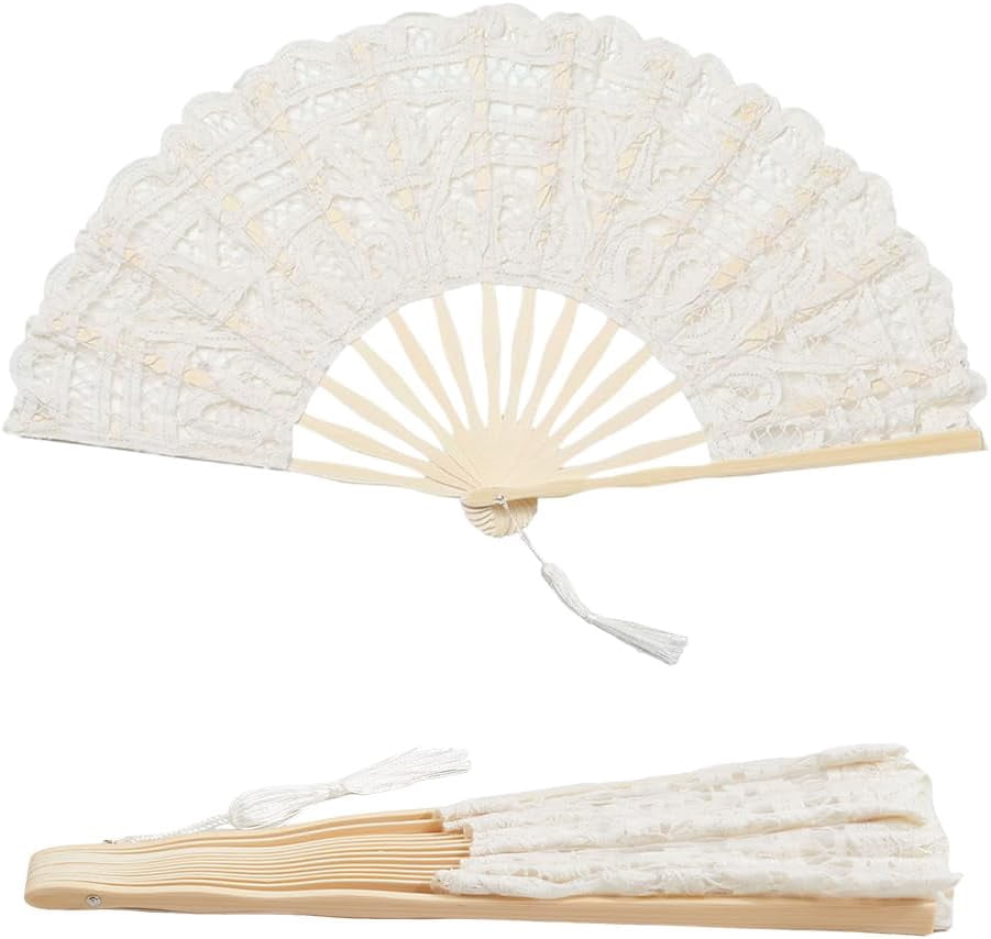 Beige Lace Hand Fan Bamboo Staves Chinese Vintage Folding Embroidered ...