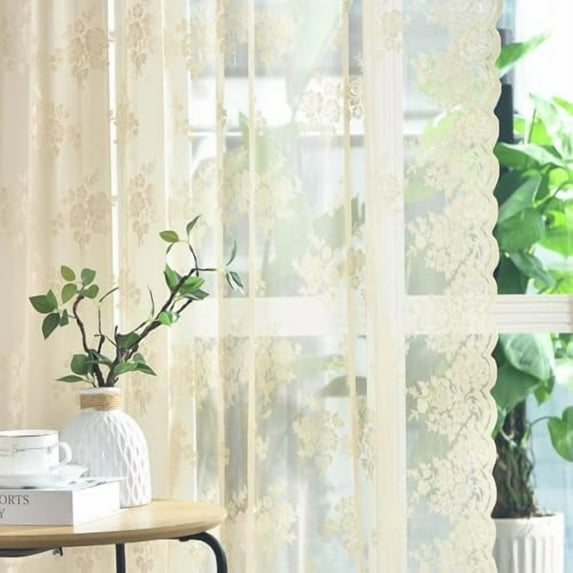 Beige Lace Kitchen Curtains 36 Inch Length 2 Panels Country Floral ...