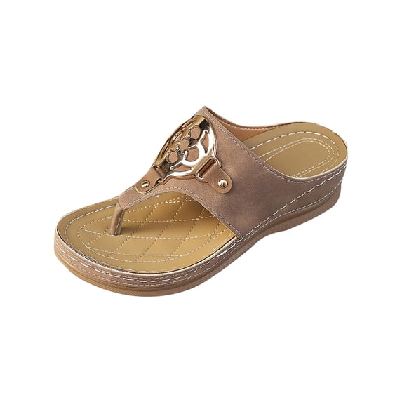 Beige Ladies Beach Casual Round Toe Flip Flops Wedge Heel Thick Sole ...
