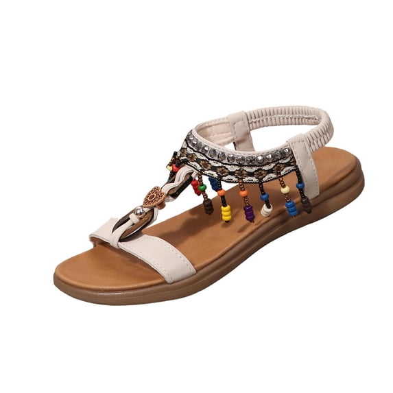 Beige Ladies Beaded Ethnic Style Beach Sandals Plus Size Cozy Summer ...