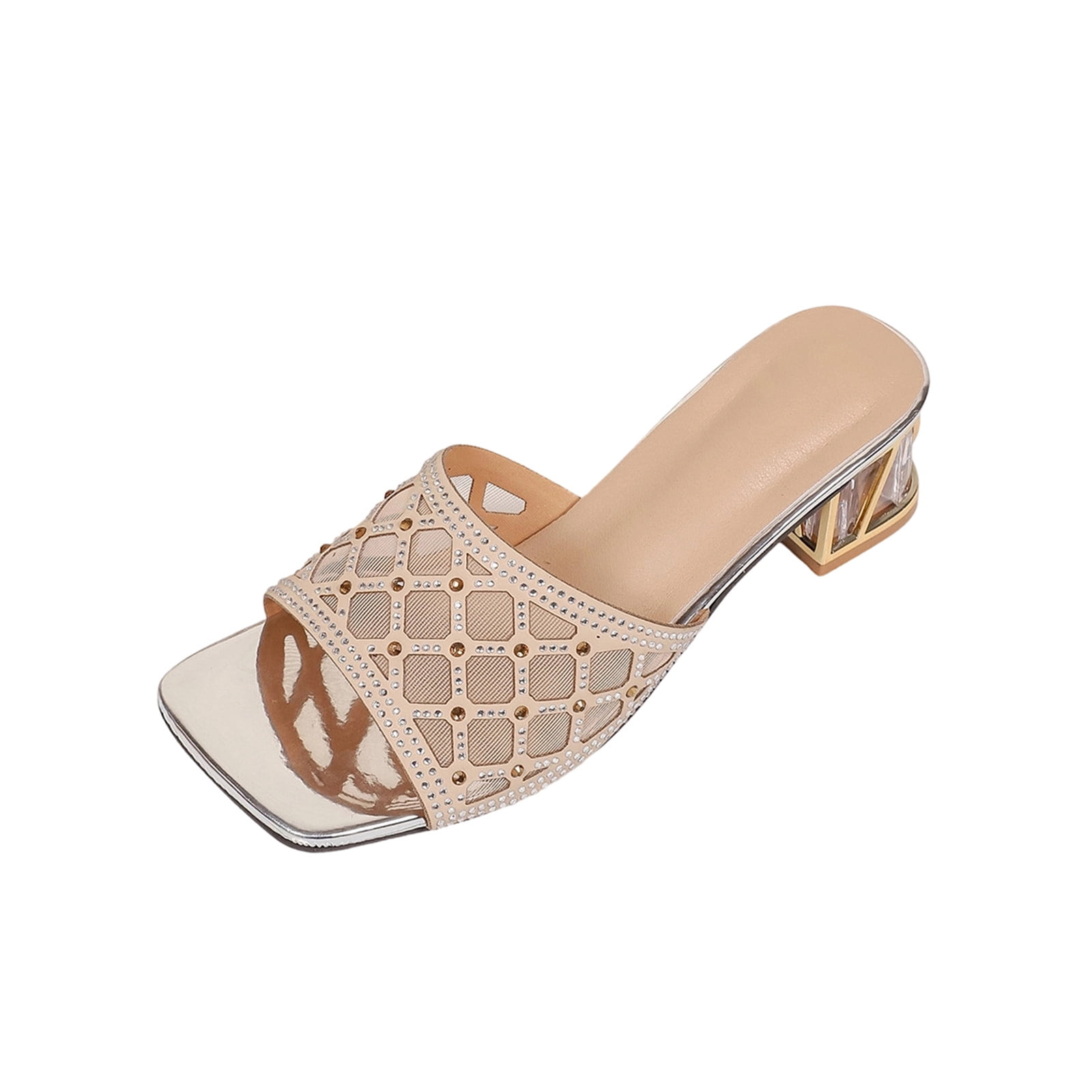 Beige Ladies Comfortable Square Toe High Heel Slippers Open Toe Chunky ...