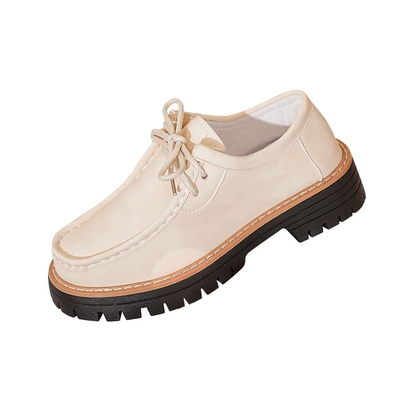 Beige Ladies Fashion Shoes With Lace-Up Frosted Round Toe And Thick ...