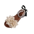 Beige Ladies Flower Pearl Bowknot Round Toe Open Flat Sandals Summer ...