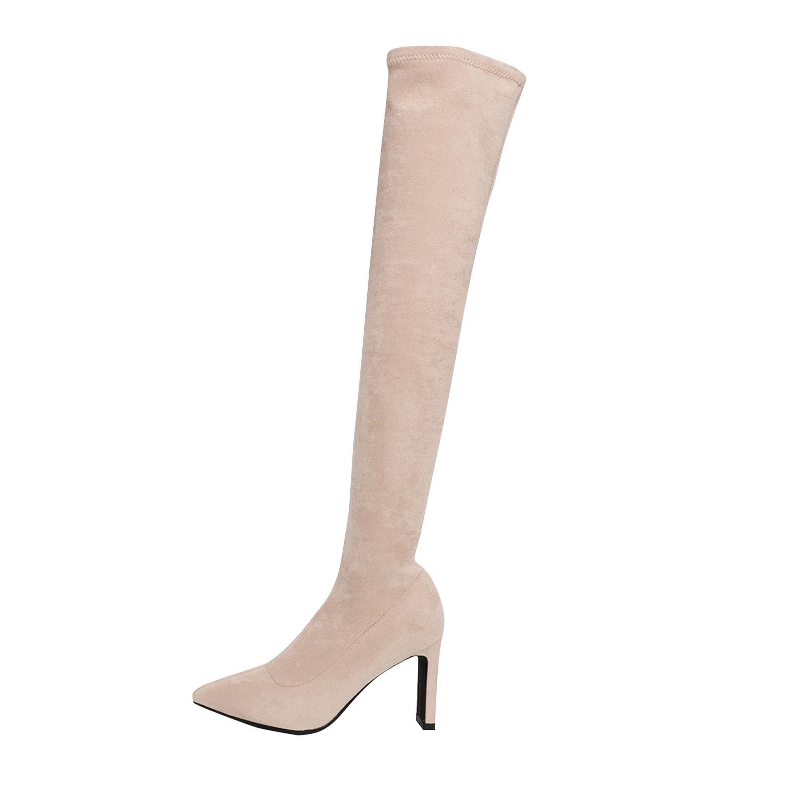 Beige Ladies High Heel Knee High Boots With Pointed Toe Design For ...