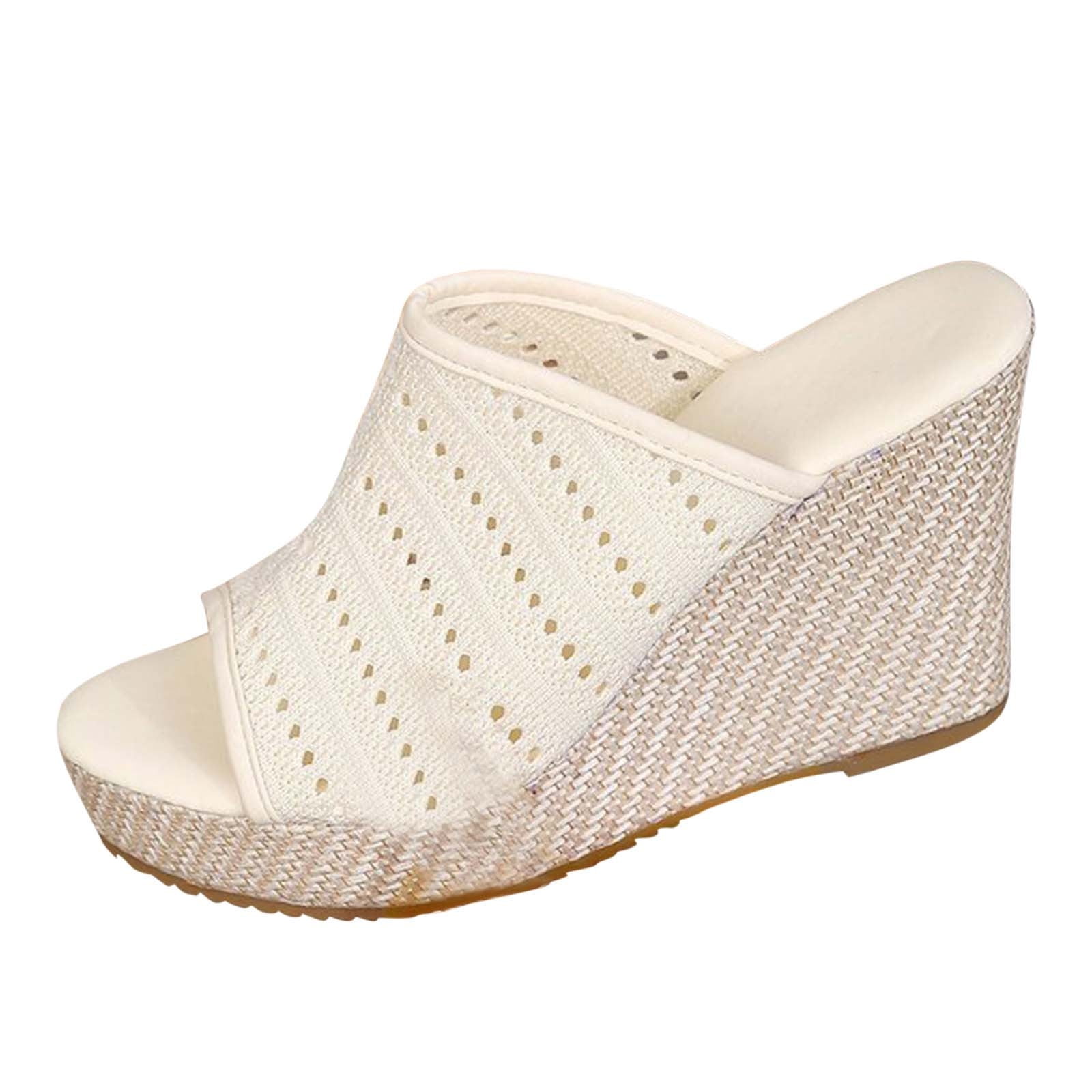 Beige Ladies Knit Wedge Heel Slides Breathable Lightweight Summer ...