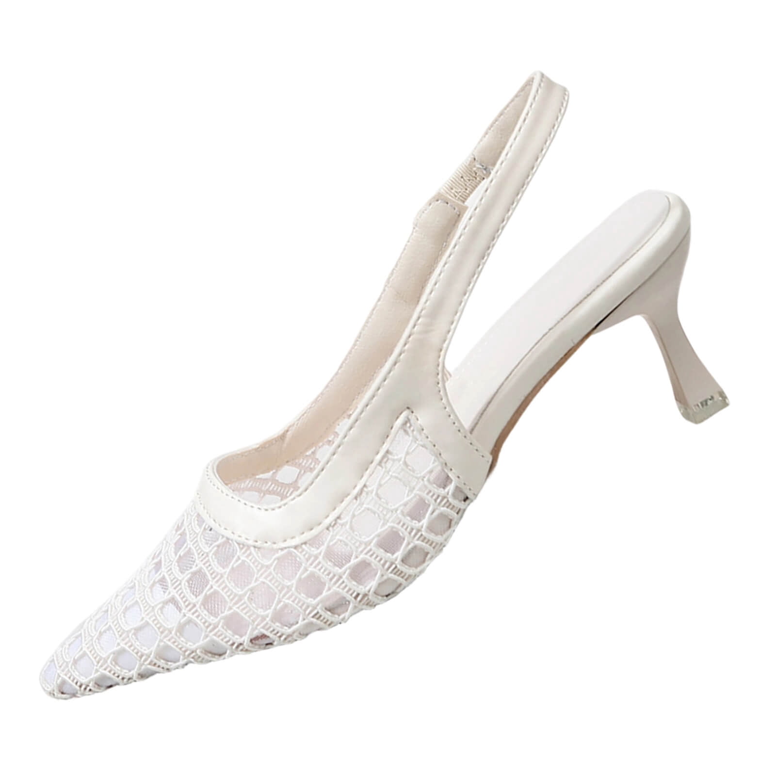 Beige Ladies Lace Mesh Pointed Toe Heels Open Back Fishnet Breathable ...