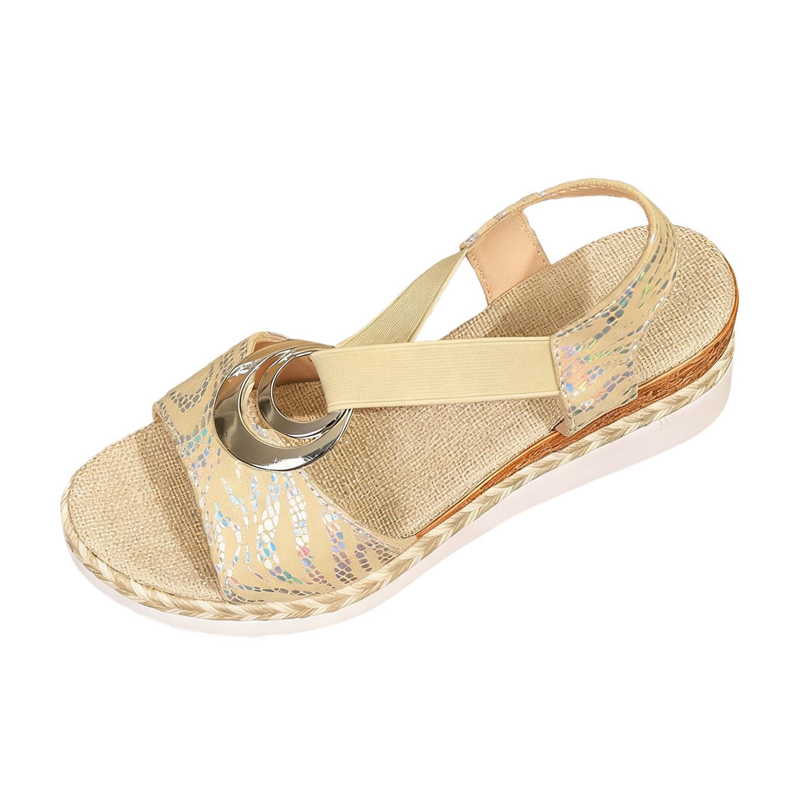 Beige Ladies Metal Buckle Decor Rope Wedge Heel Fish Mouth Sandals ...