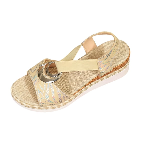 Beige Ladies Metal Buckle Decor Rope Wedge Heel Fish Mouth Sandals ...