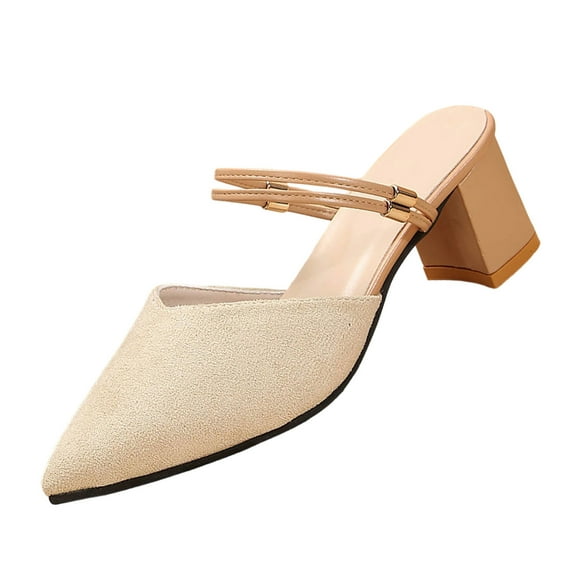 Beige Ladies Mule Sandals Pointed Toe Covered Heel Square Block Heel ...