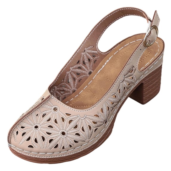 Beige Ladies Open Toe Sandals, Backless Buckle Thick Heel Hollow Out ...