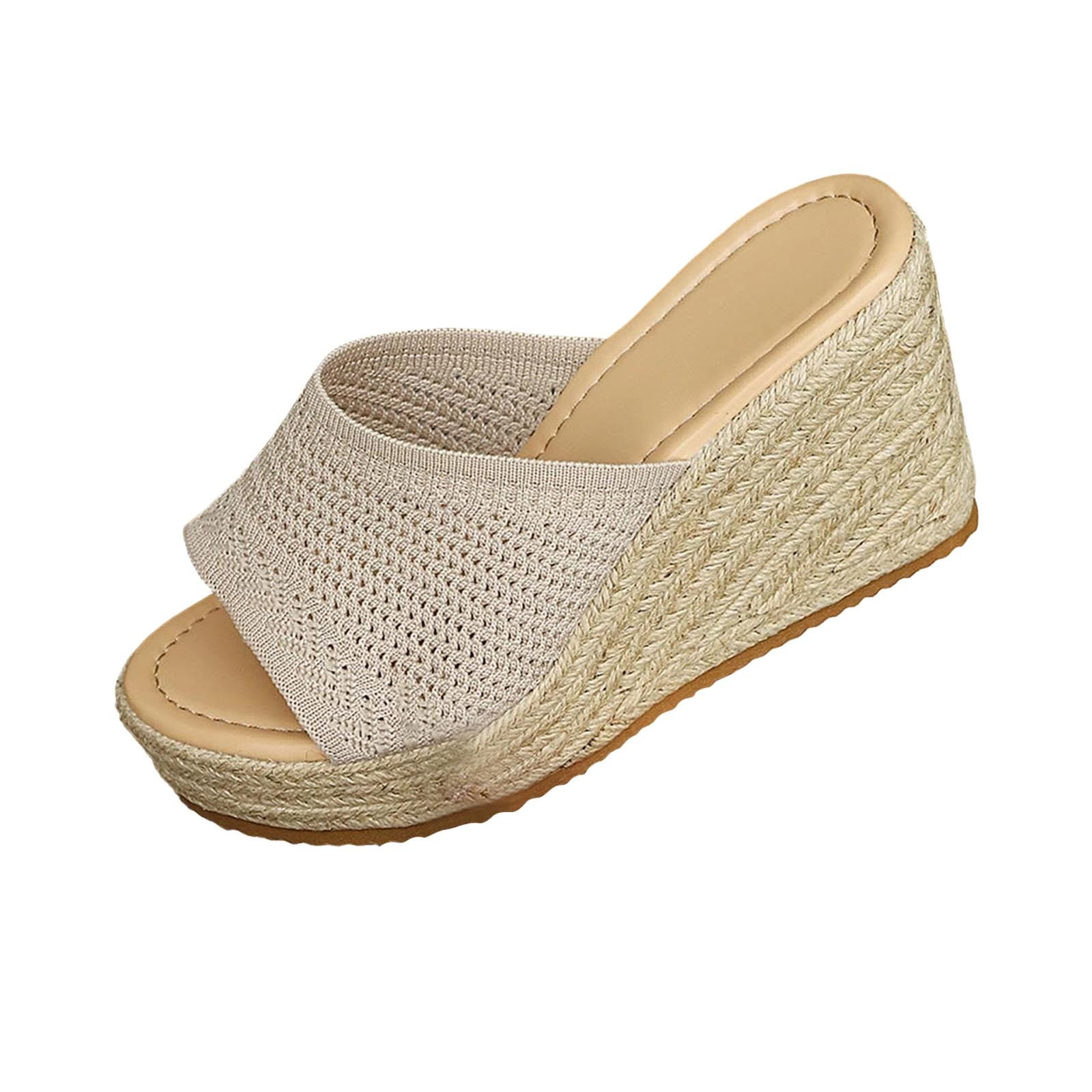 Beige Ladies Peep Toe Wedge Sandals Mesh Breathable Woven Sole Plus ...