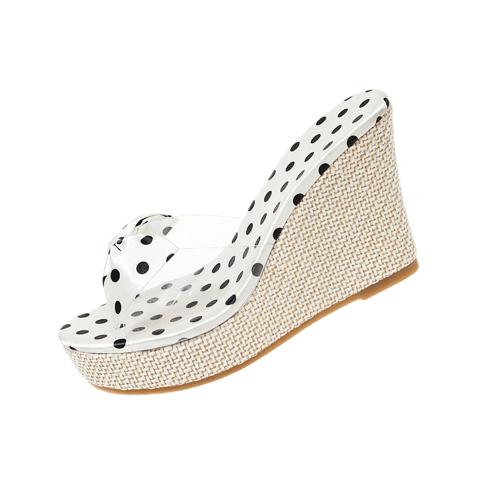 Beige Ladies Plus Size Polka Dot Beach Wedge Slippers Round Toe Open ...