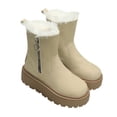 Beige Ladies Plush Lined Winter Boots Mid Calf Round Toe Flat Warm Slip ...