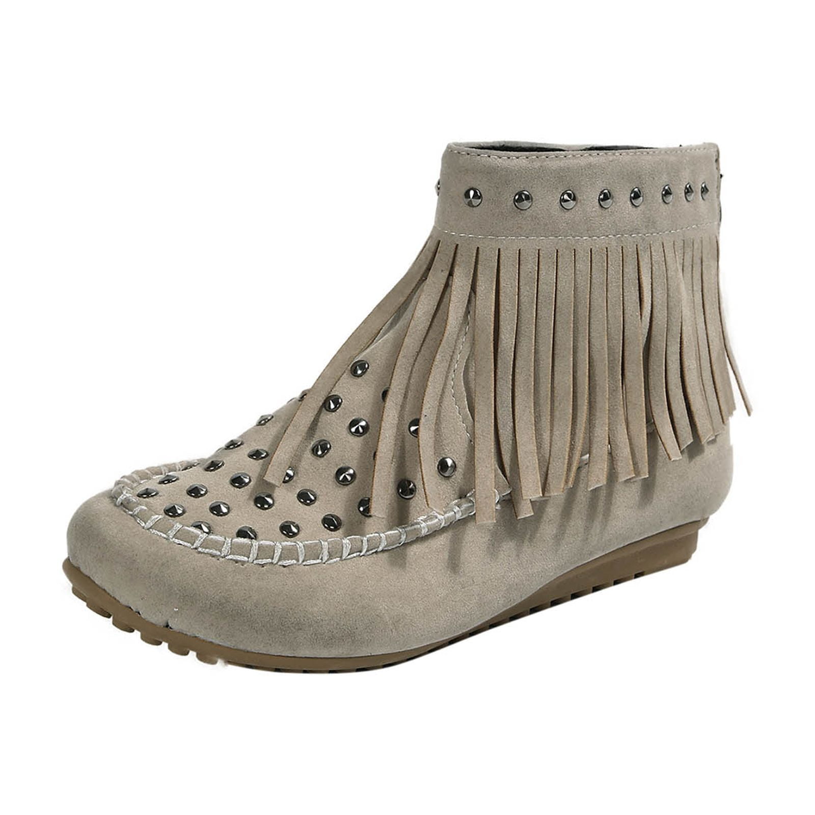 Beige Ladies Round Toe Boots With Flat Heel For Leisure Activities And ...