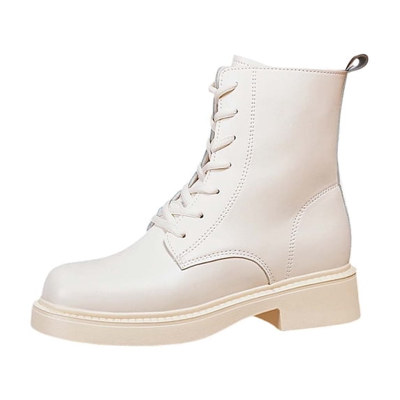 Beige Ladies Round Toe French Thick Heel Solid Color Boots For Casual ...