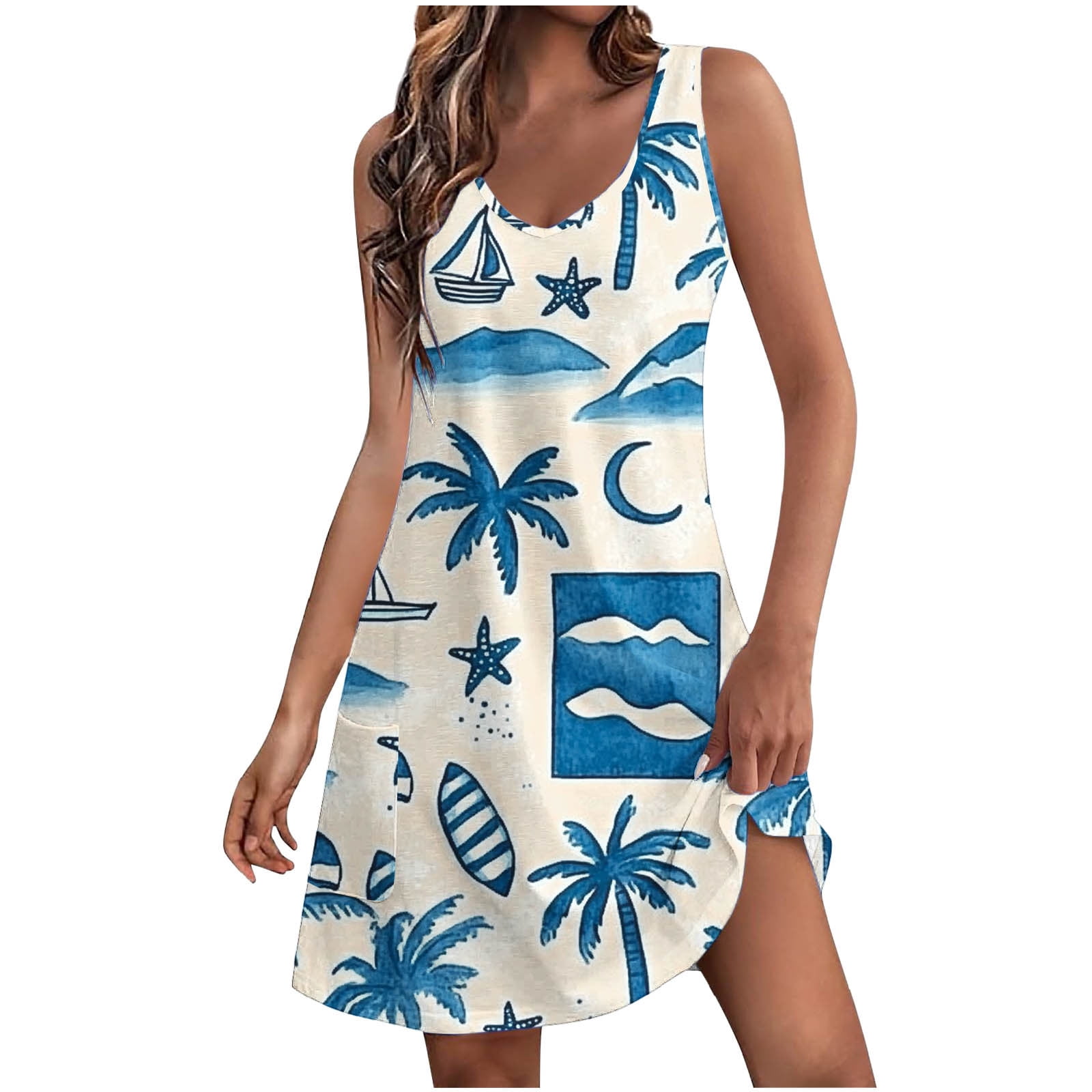 Beige Ladies Sleeveless Graphic Dresses for Women V Neck Spandex Beach ...
